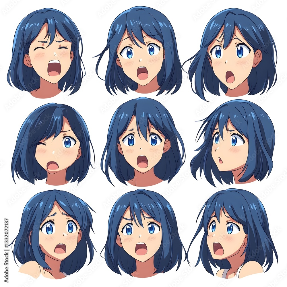 Anime Girl with Blue Hair and surprised face expressions. Emote Set in ...