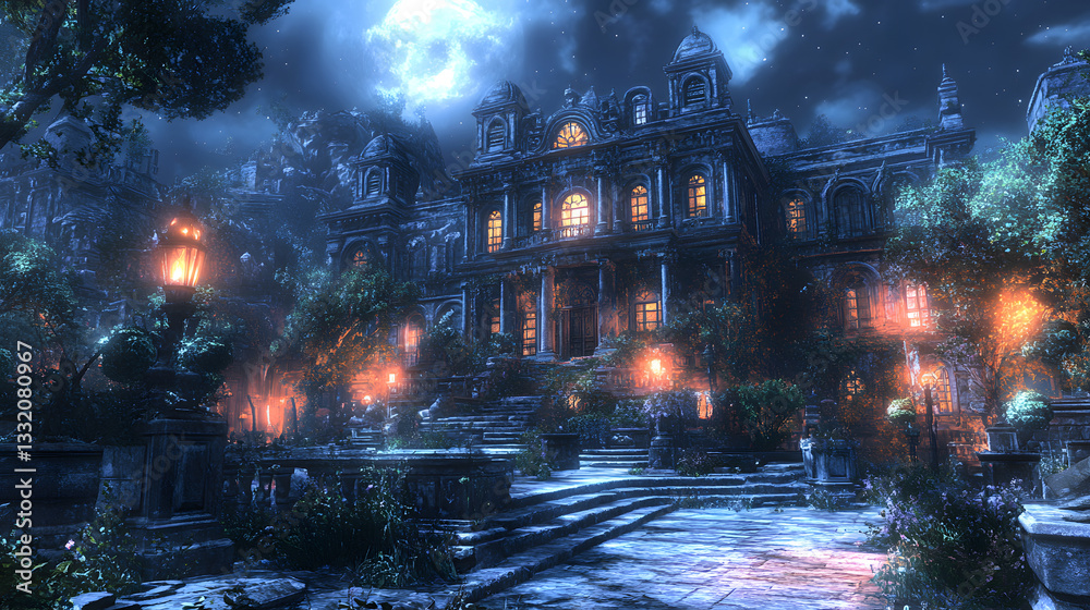 Enigmatic Mansion Under Moonlight: A mysterious and grand mansion ...