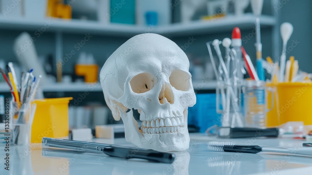 Anatomy Lab Skull and Tools - A realistic human skull sits on a lab ...