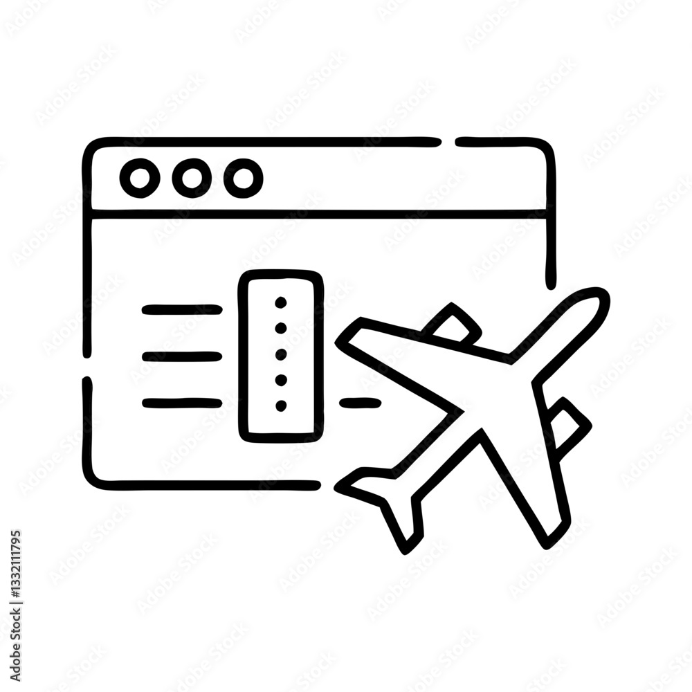 Online flight booking icon with airplane and website outline design ...