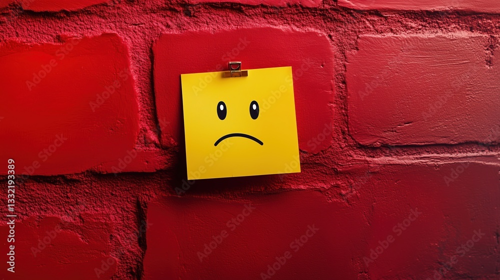 Foto de Stock Yellow sticky note with sad face emoji on red wall ...