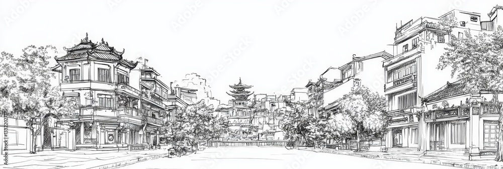 Hanoi Street Scene Line Art - Captivating line art depicting Hanoi's ...