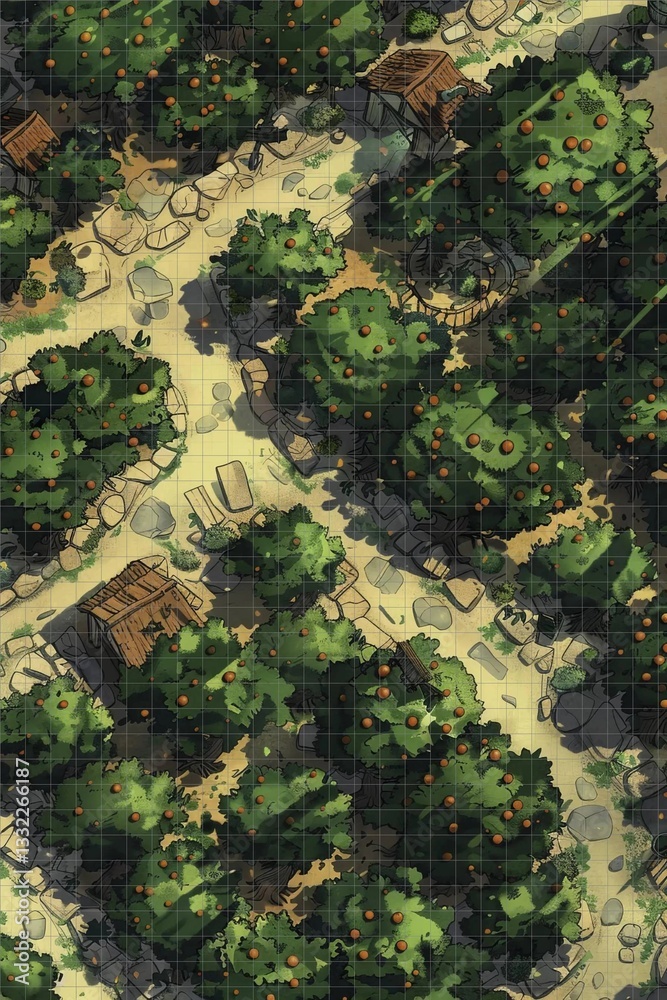 dnd battlemap grid fantasy forest terrain cursed orchard adventure map grid-based combat layout ...