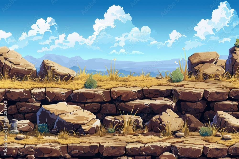 2D video game background with levels of earth and stones, walker ...