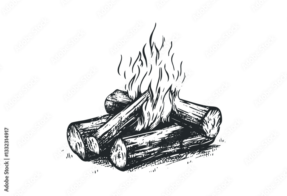 Hand-drawn wood logs with flames illustration for campfire design. Vector retro hand drawn ...