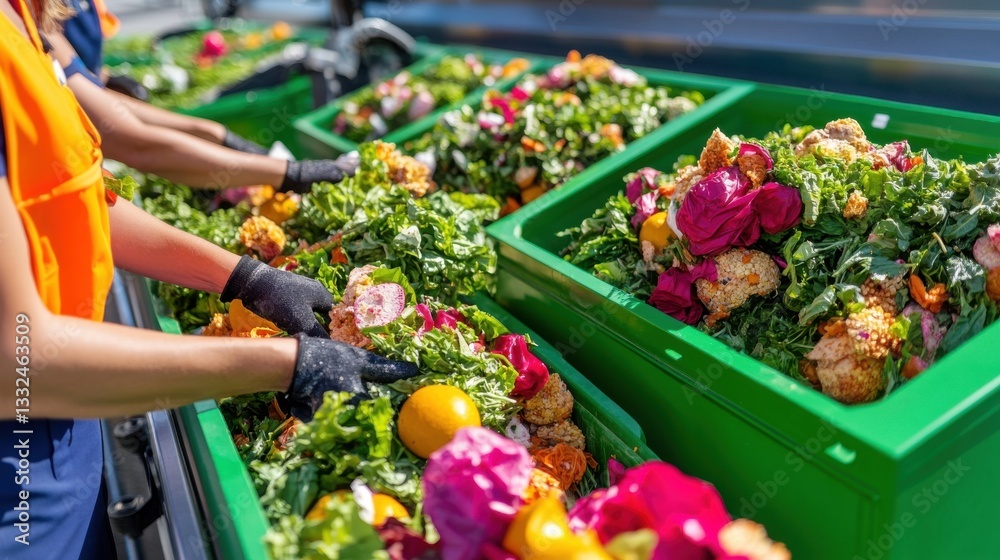 Workers recycle food waste in a facility, promoting sustainability and ...
