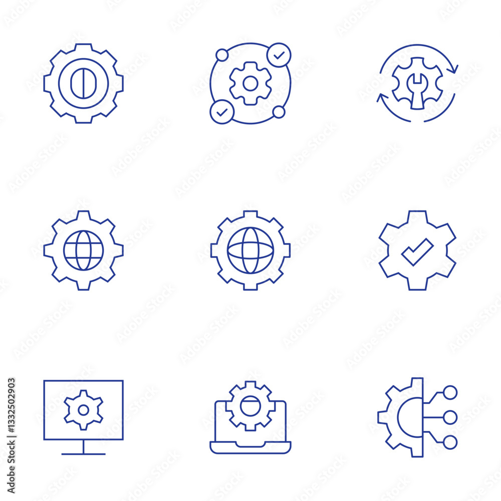 Gear icons set. Thin Line style, editable stroke. gear, monitor ...
