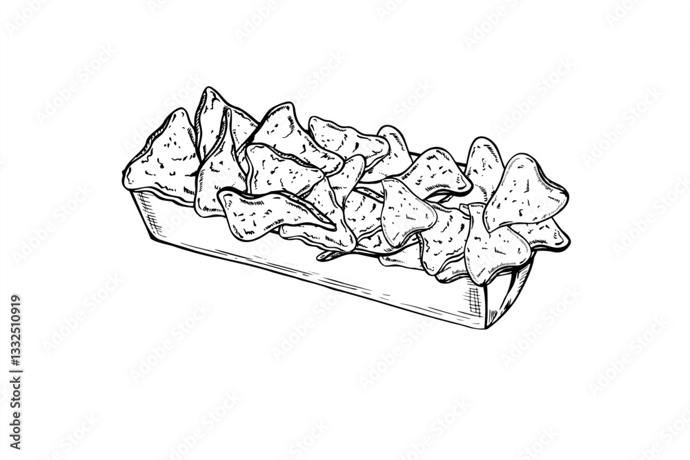 Triangle corn nachos chips in rectangle disposable cardboard tray ...