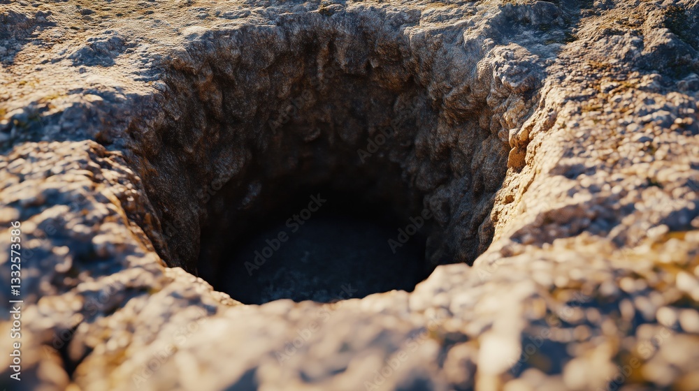 A deep, freshly dug pit stretches into the earth, its rugged walls ...