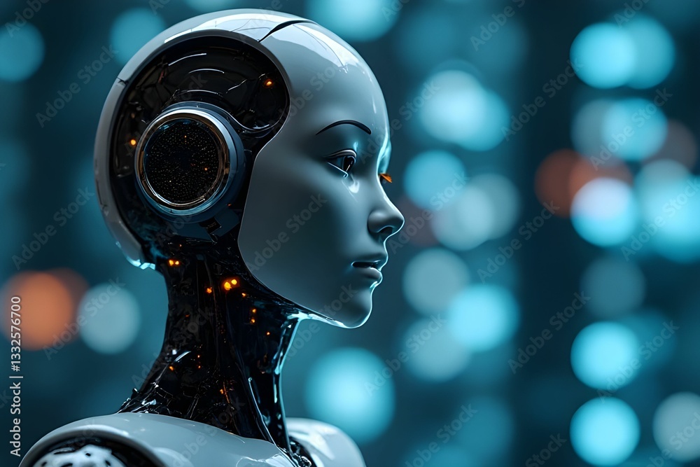 Human head with brain. AI robot head with smart computer chip and brain ...