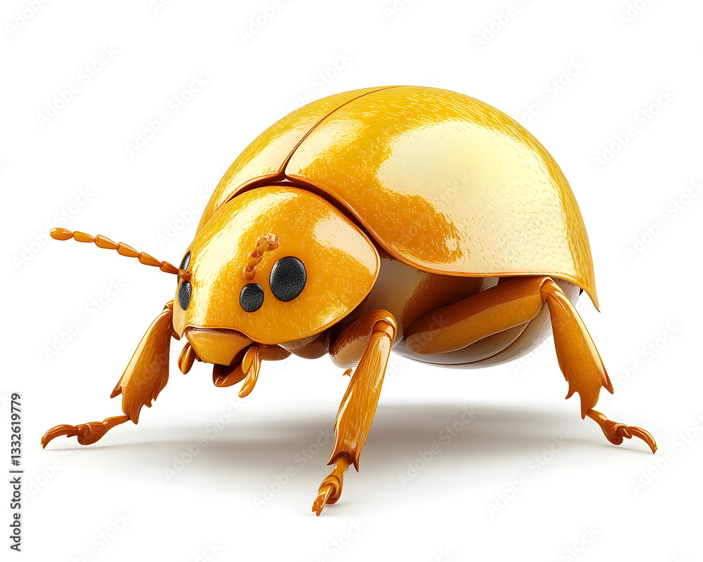 Shiny golden beetle with six legs and antennae depicted against a ...