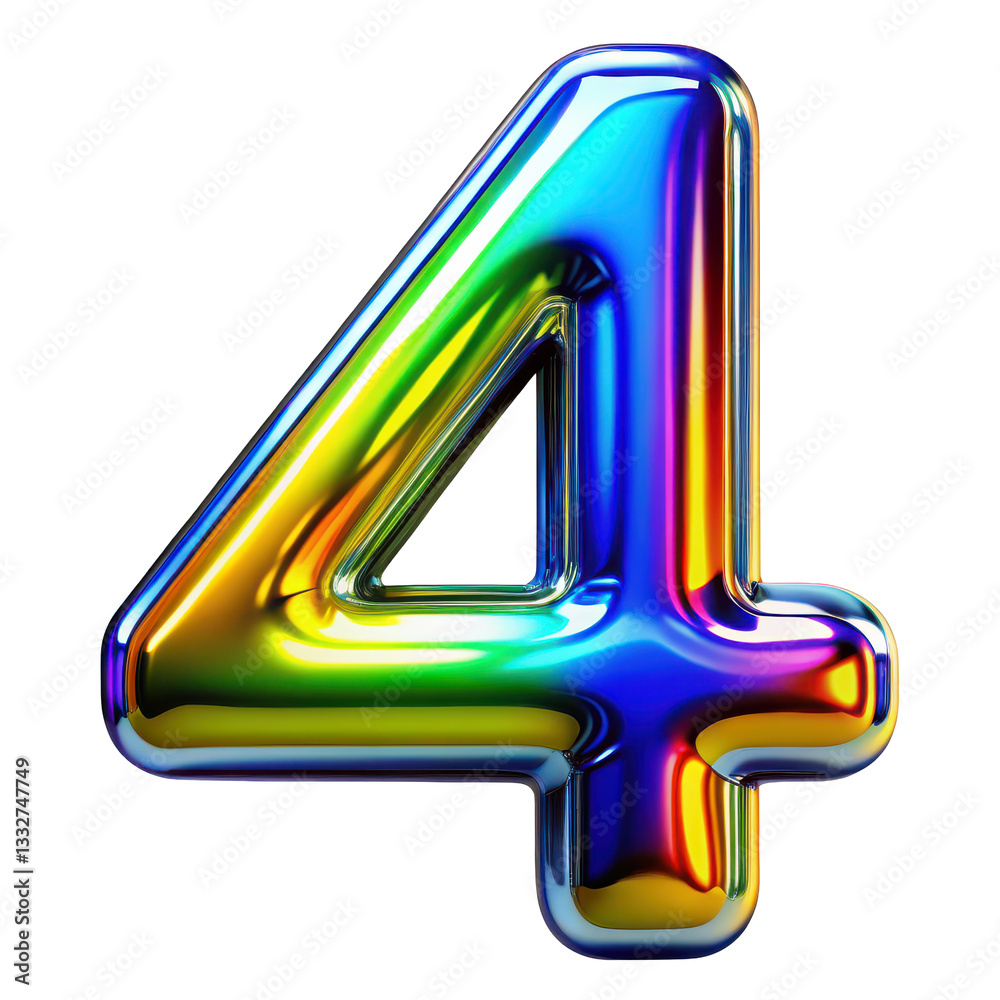 Number four 3d chrome neon fluid shape , digit 4, metallic font ...