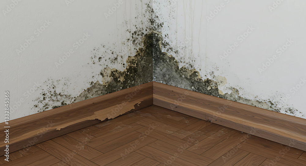 A damaged wall surface with moisture and mold caused by a water leak ...