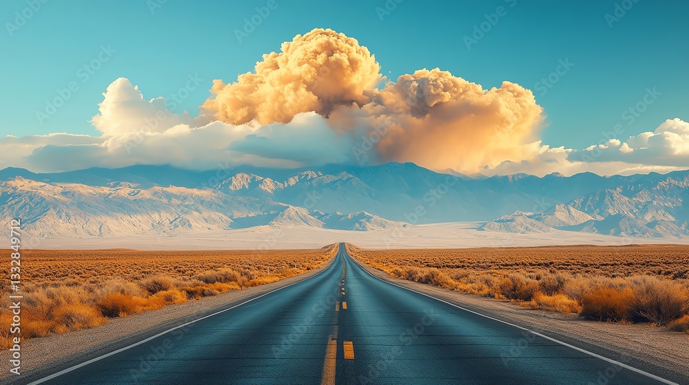 Empty road stretching towards gigantic nuclear explosion, mushroom cloud of radioactive dust ...