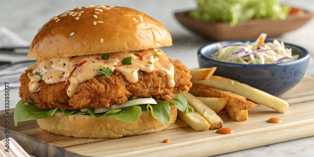 Zinger burger A well seasoned crispy fried chicken fillet slathered ...