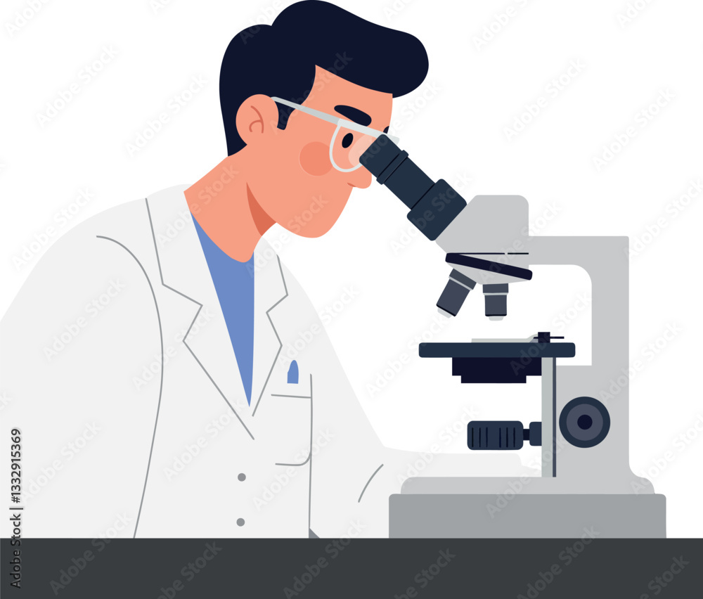 Scientist in a white lab coat examining samples through a microscope in ...