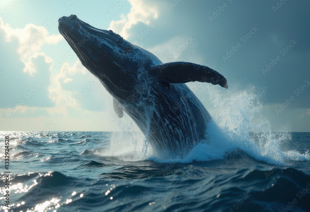 majestic whale breaching ocean surface splashing water dramatic nature ...