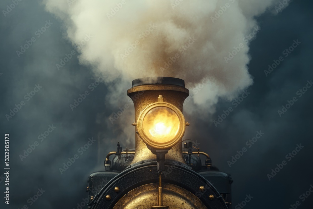 A vintage steam locomotive's headlight glows brightly, emitting steam ...