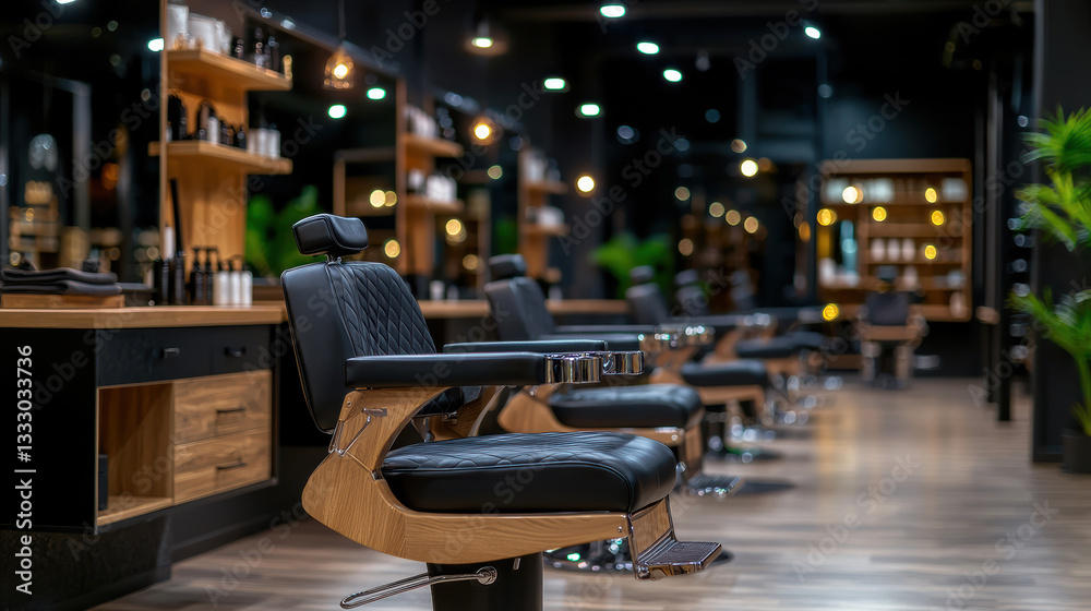 A modern barber shop interior with sleek chairs and stylish wooden ...