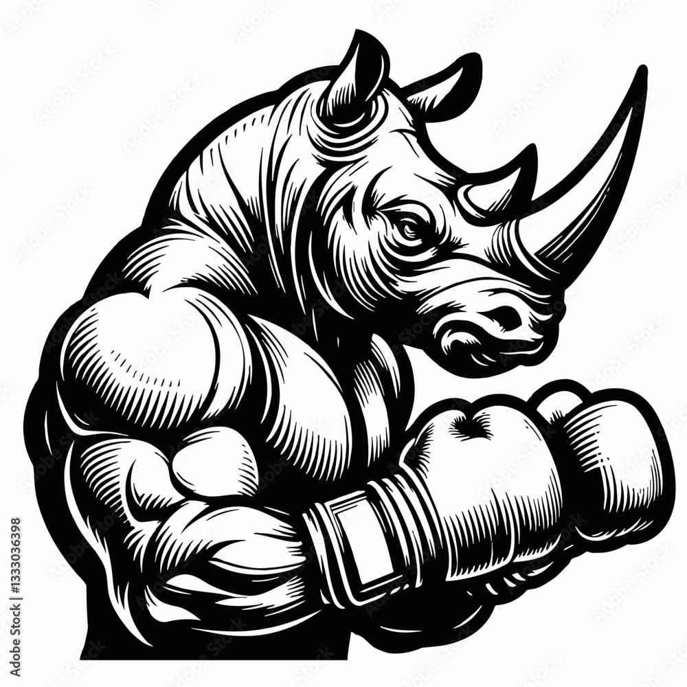 Muscular Rhino Boxer Illustration in Black and White Vector Graphic ...