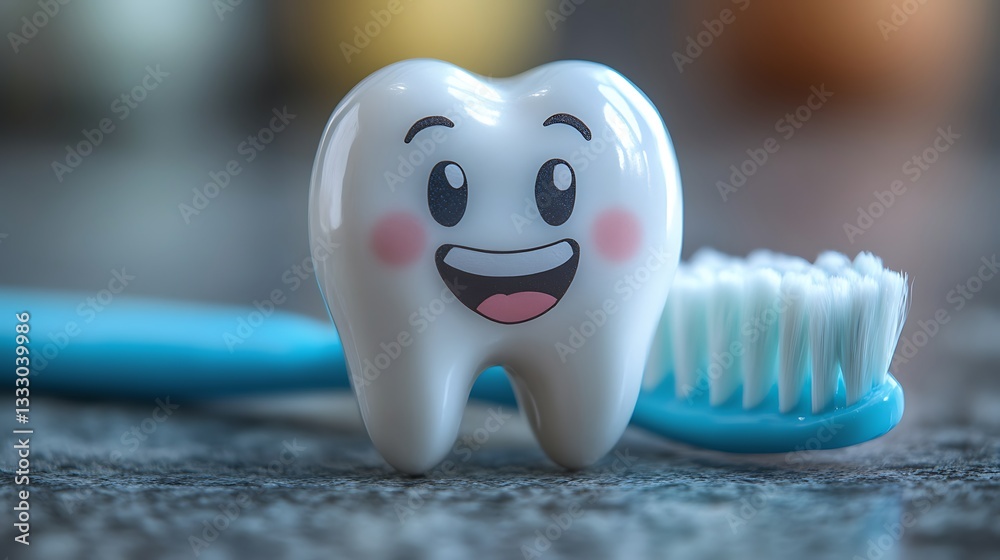 Cute white tooth figurine with happy face and toothbrush on blurred ...