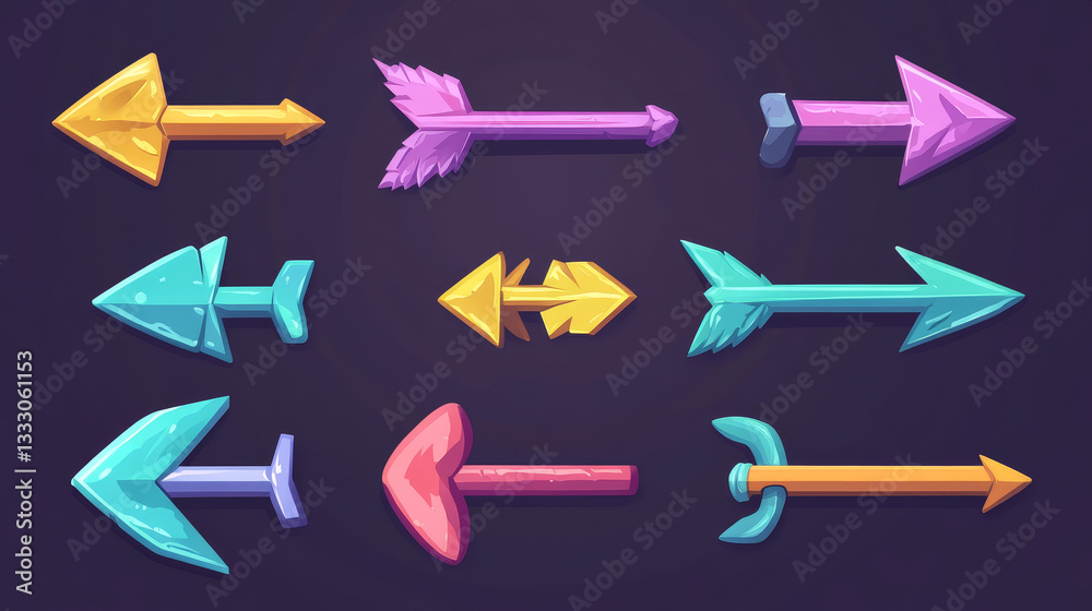 Game arrows asset. Cartoon cursors and pointers interface elements ...