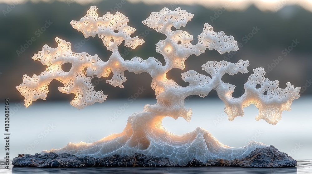Luminous Coral Bonsai: A 3D-Printed Masterpiece at Sunset Stock ...