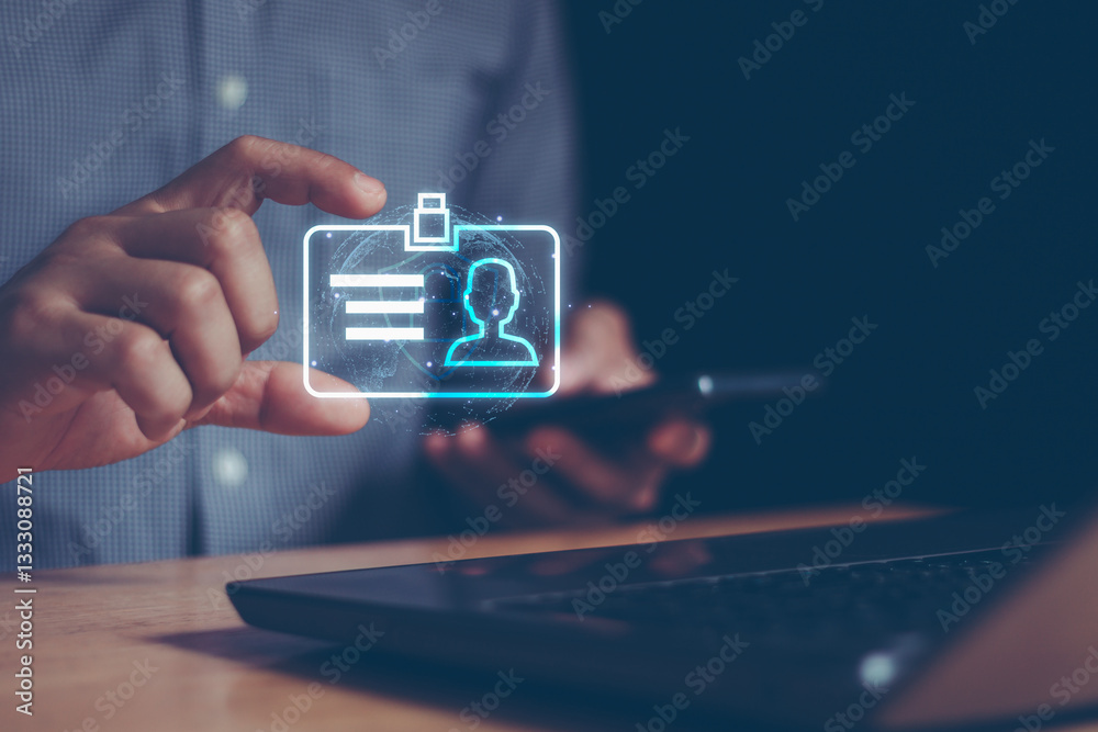 Businessman hand holding digital ID profile information card for modern ...