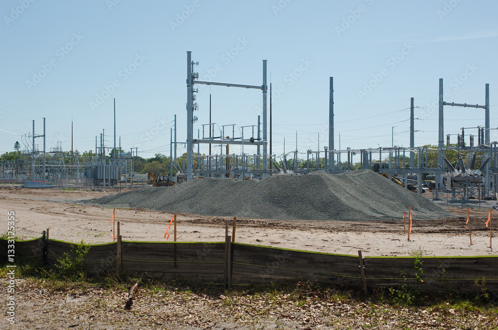 Substation during its construction phase with exposed metal framework ...