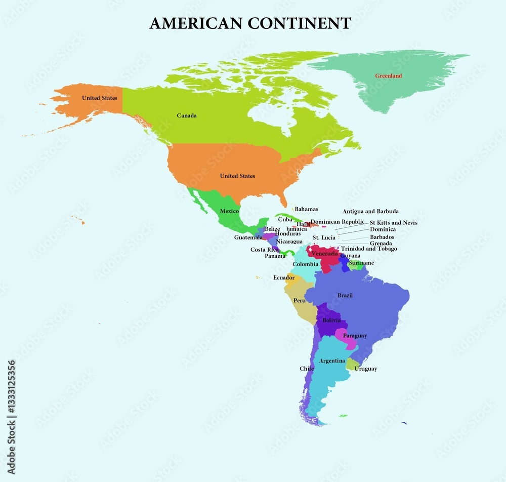 The depiction of countries in the world on a map in each continent ...