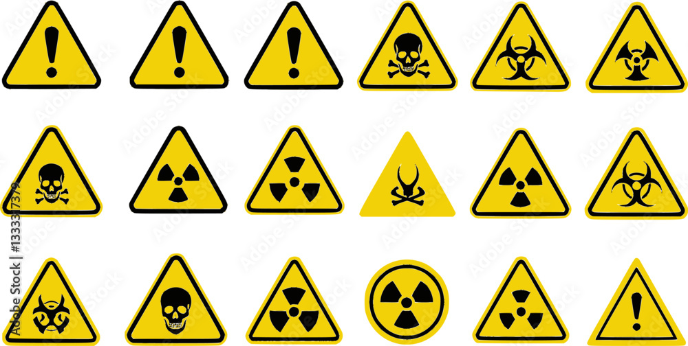 Set of warning signs with a skull, biohazard, radioactive and fallout ...