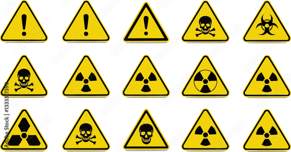 Set of warning signs with a skull, biohazard, radioactive and fallout ...