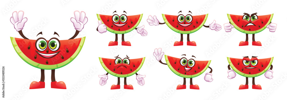 Set of cartoon watermelon slice characters showing different facial ...