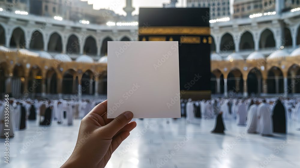 Muslim hand holding a blank sheet of paper, with the background of the ...