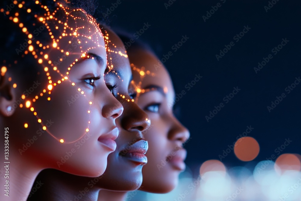 Row of diverse women with illuminated neural connections symbolizing ...