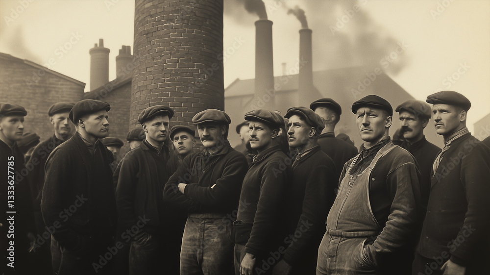 A vintage black-and-white photograph of a 1920s labor union strike ...