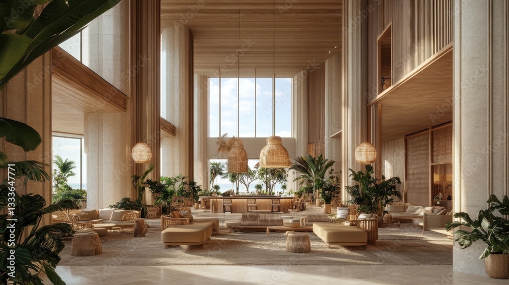 Luxury tropical resort hotel lobby with open-air architecture, wooden ...