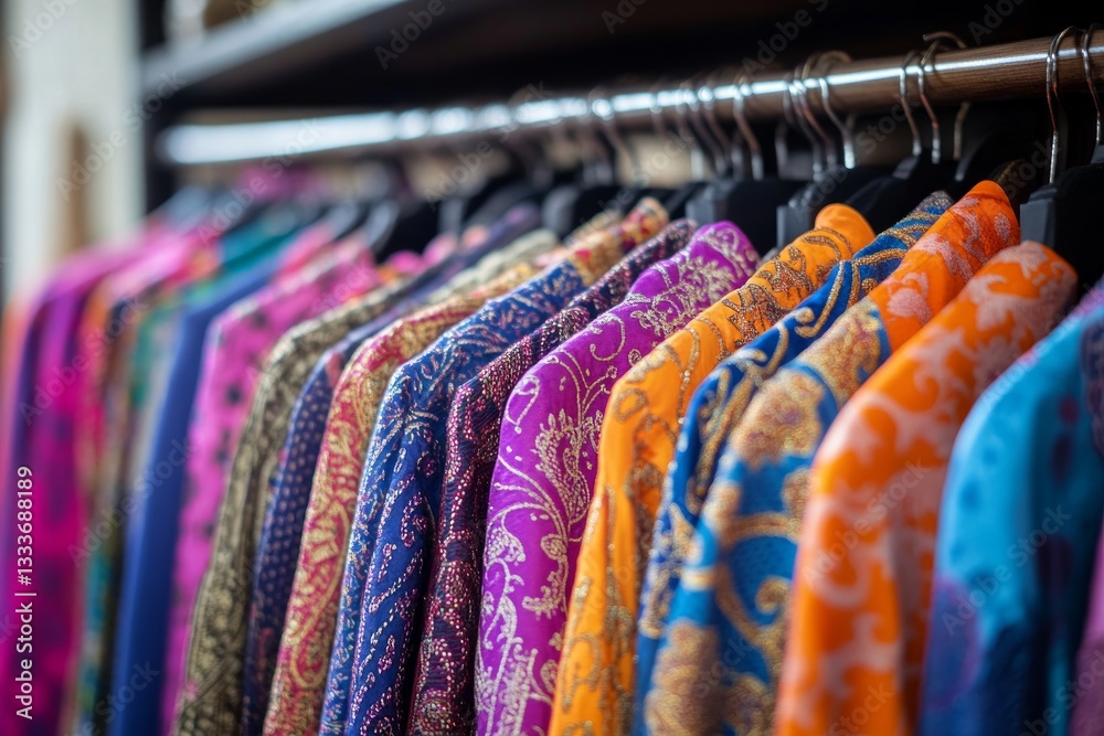 Traditional Eid clothing displayed on a clothes rack with vibrant ...
