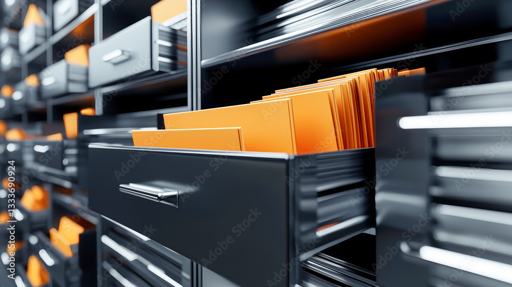 Open office drawers overflowing with orange documents create a vibrant ...