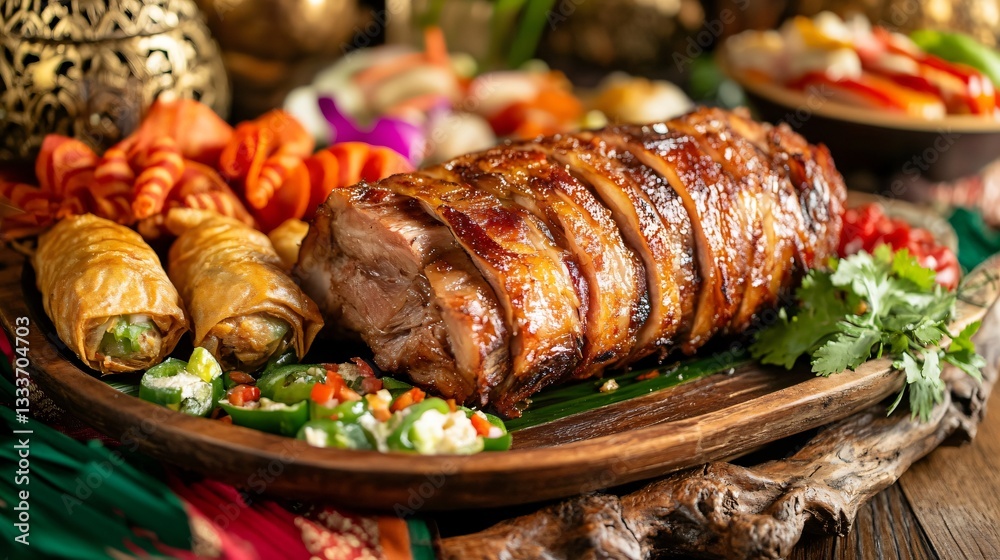 Filipino fiesta-style lechon kawali plated on a carved wooden platter ...