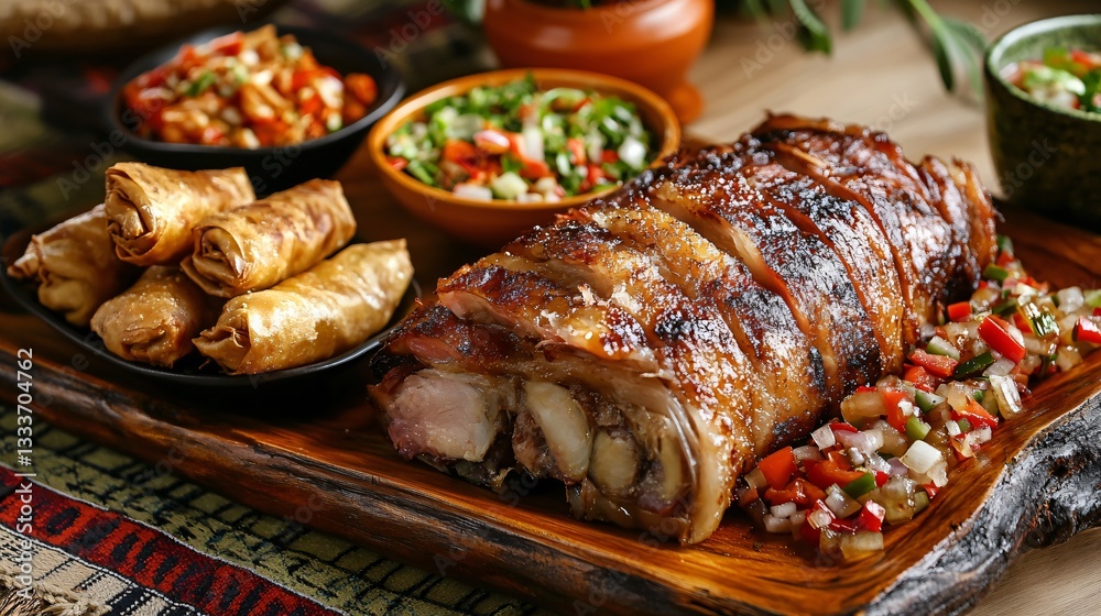 Filipino fiesta-style lechon kawali plated on a carved wooden platter ...