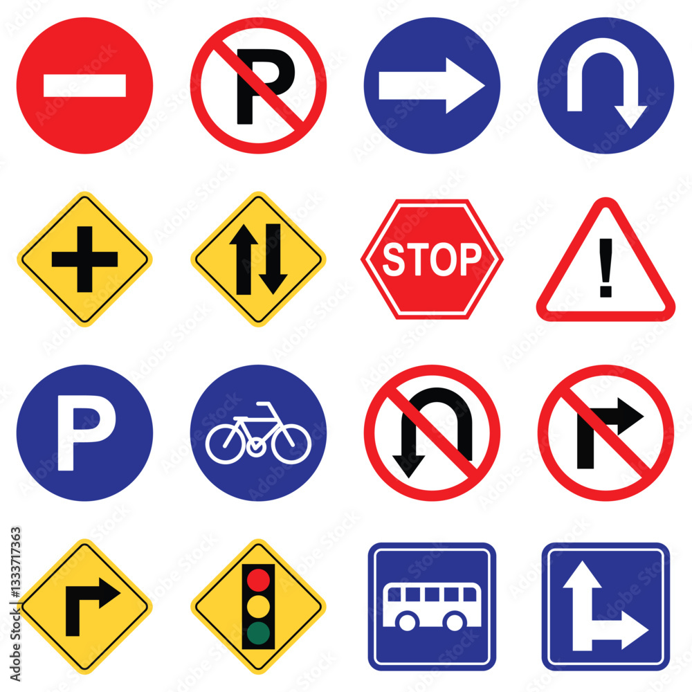 Traffic signs illustration set. Includes of road signs, stop sign ...