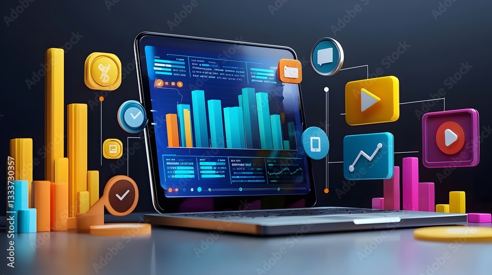 Laptop Displaying Digital Marketing Data Analytics Social Media Icons ...