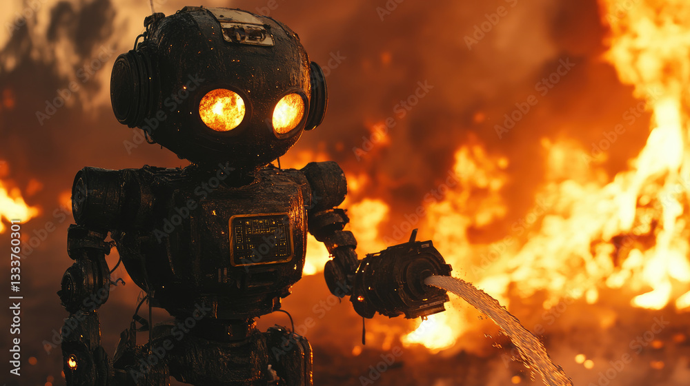 Illustration Stock Humanoid firefighting robot extinguishing blaze with ...