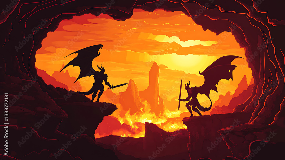 Epic battle between two mythical creatures in a fiery landscape with ...