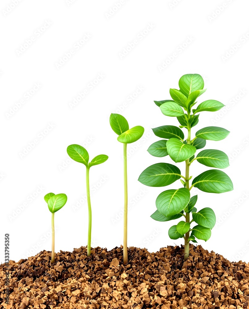 The stages of plant growth from seedling to full plant, illustration ...