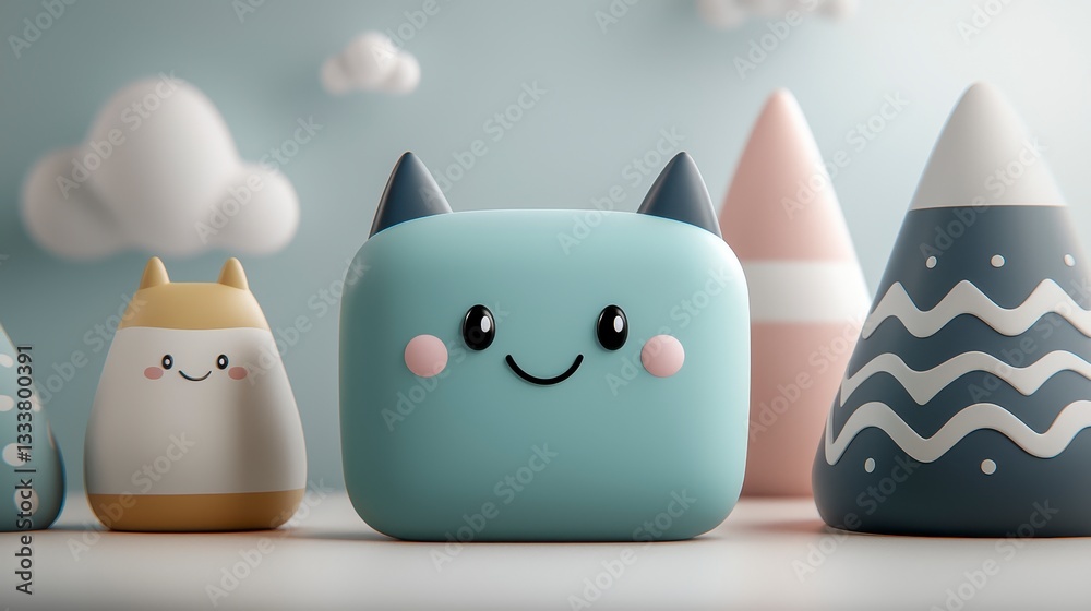 Cute Cartoonish Characters and Geometric Shapes in Soft Colors on ...