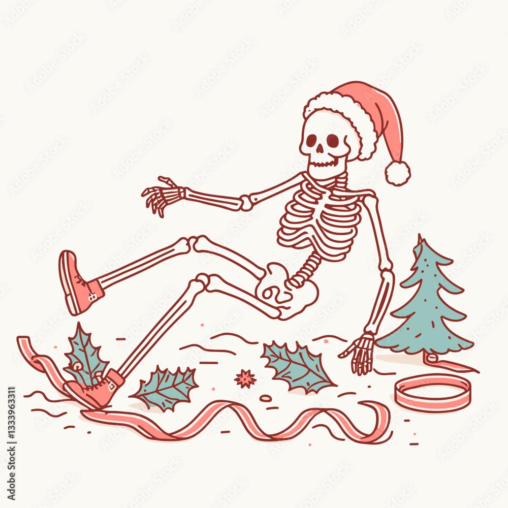 Skeleton wearing a Santa hat tripping over Christmas ribbon a ...