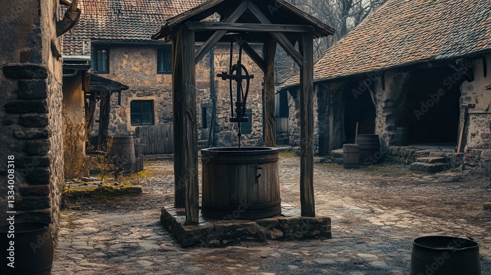 a medieval wooden well with a hand-crank and rope bucket system ...