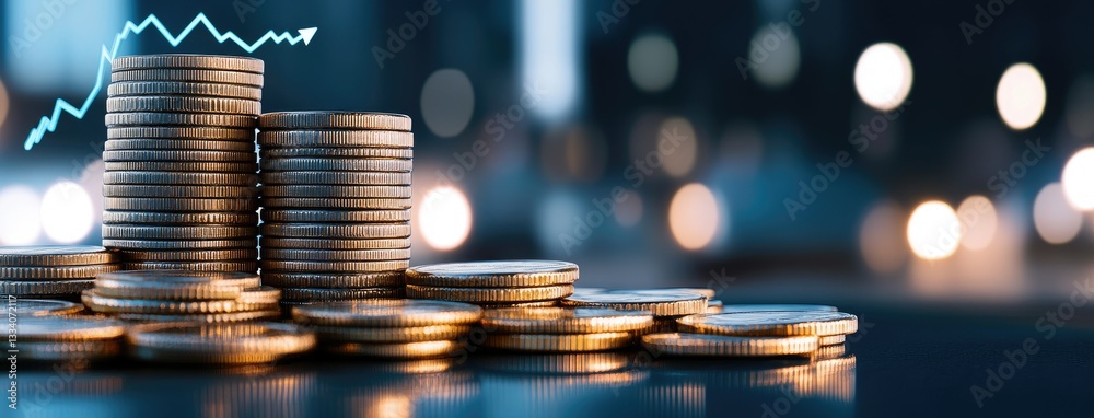 Growth of finance with stacked coins and rising graph indicating ...